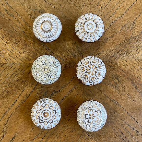 Accents | Six Cabinet Wood Drawer Knobs With Cream And Gold Patterns ...